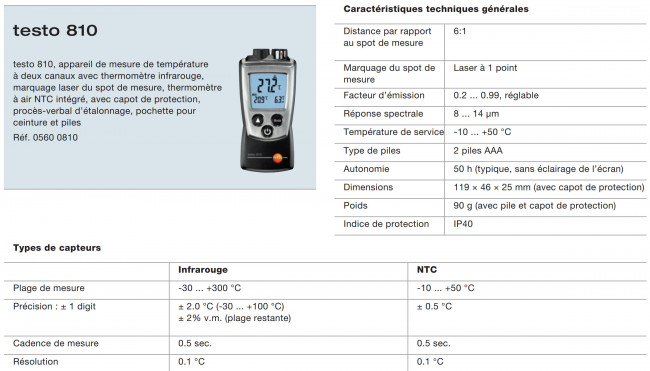 Testo 810 - Thermomètre 2 canaux pour température ambiante et IR