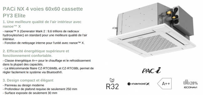 Panasonic PACi NX Elite - Cassette 4 voies 60x60 Inverter+ KIT-50PY3ZH5