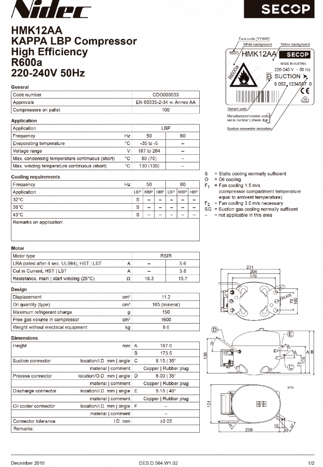 Compresseur Danfoss / Secop HMK12AA / HTK12AA / TT1117GY / ntu170mt ...