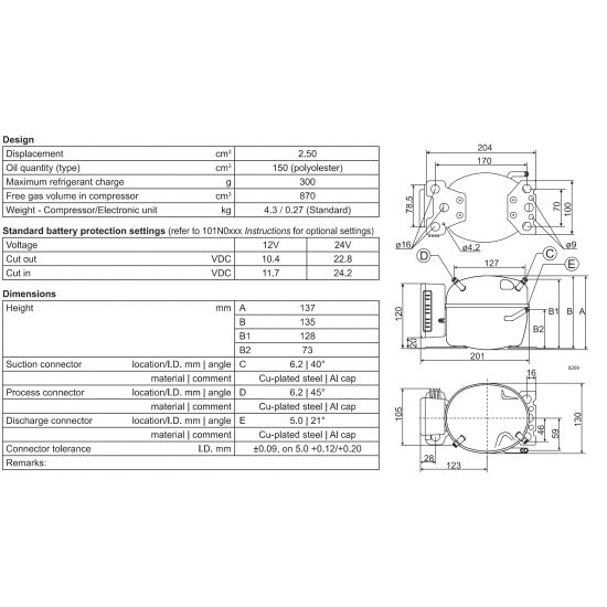 Compresseur Danfoss / Secop BD50F - R134A, 12-24V DC, avec MODULE